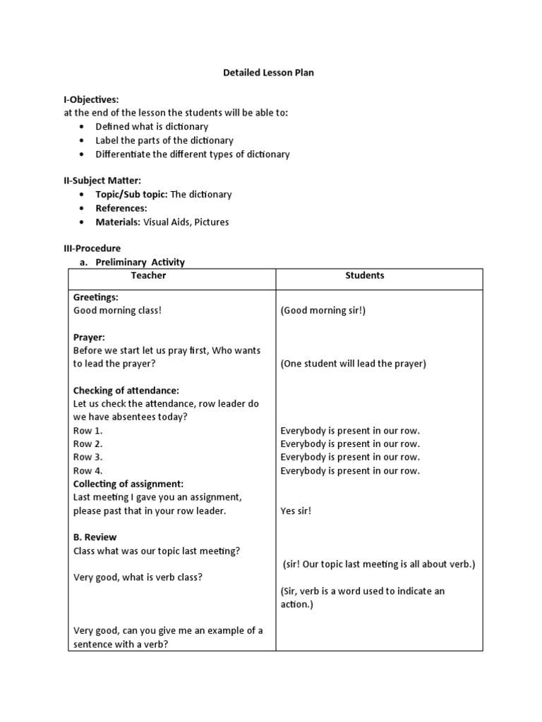Detailed Lesson Plan I-Objectives | PDF | Dictionary | Lesson Plan