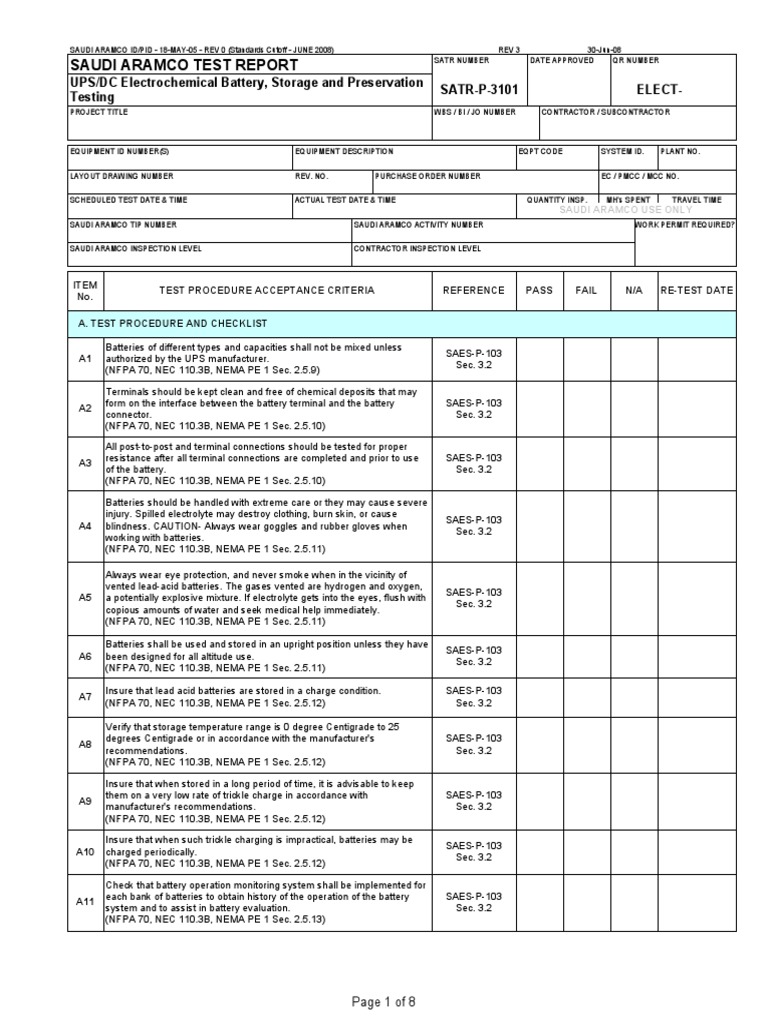 Saudi Aramco Test Report: SATR-P-3101 Elect-UPS/DC Electrochemical ...