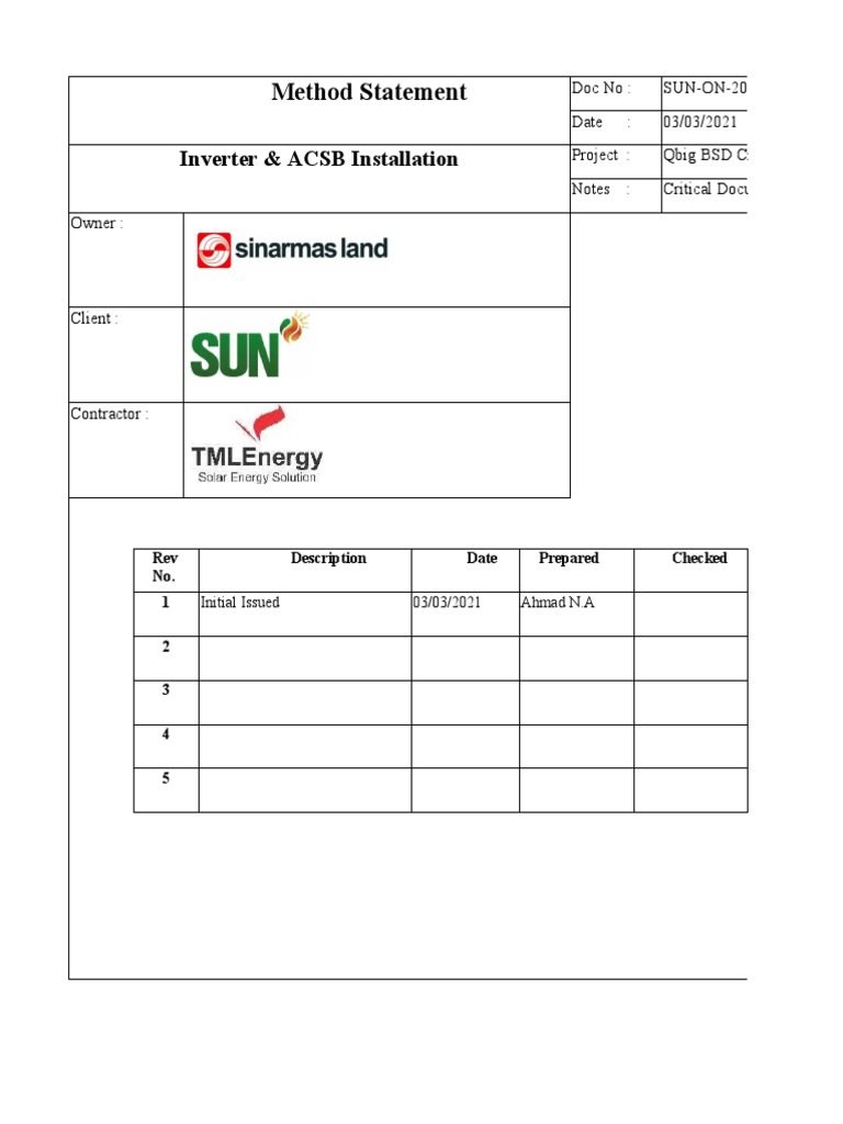 SUN-ON-2020-MS-05 Method Statement of Inverter & ACSB Installation | PDF