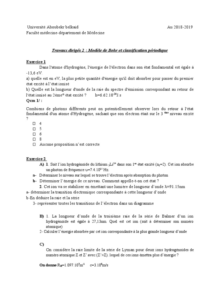 td2 Atomestique | PDF | Excitation (physique) | Configuration électronique