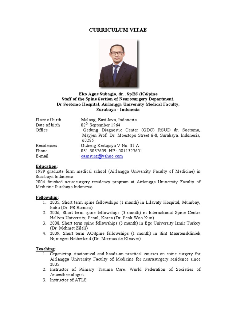 CV Dr. Eka Agus Subagio, SP - Bs (K) | PDF | Neurosurgery | Vertebral ...
