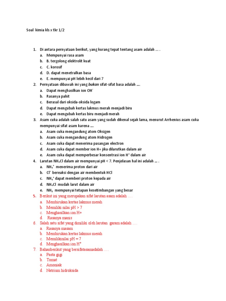 Soal Kimia Kls X TKR 1 | PDF | Sains & Matematika