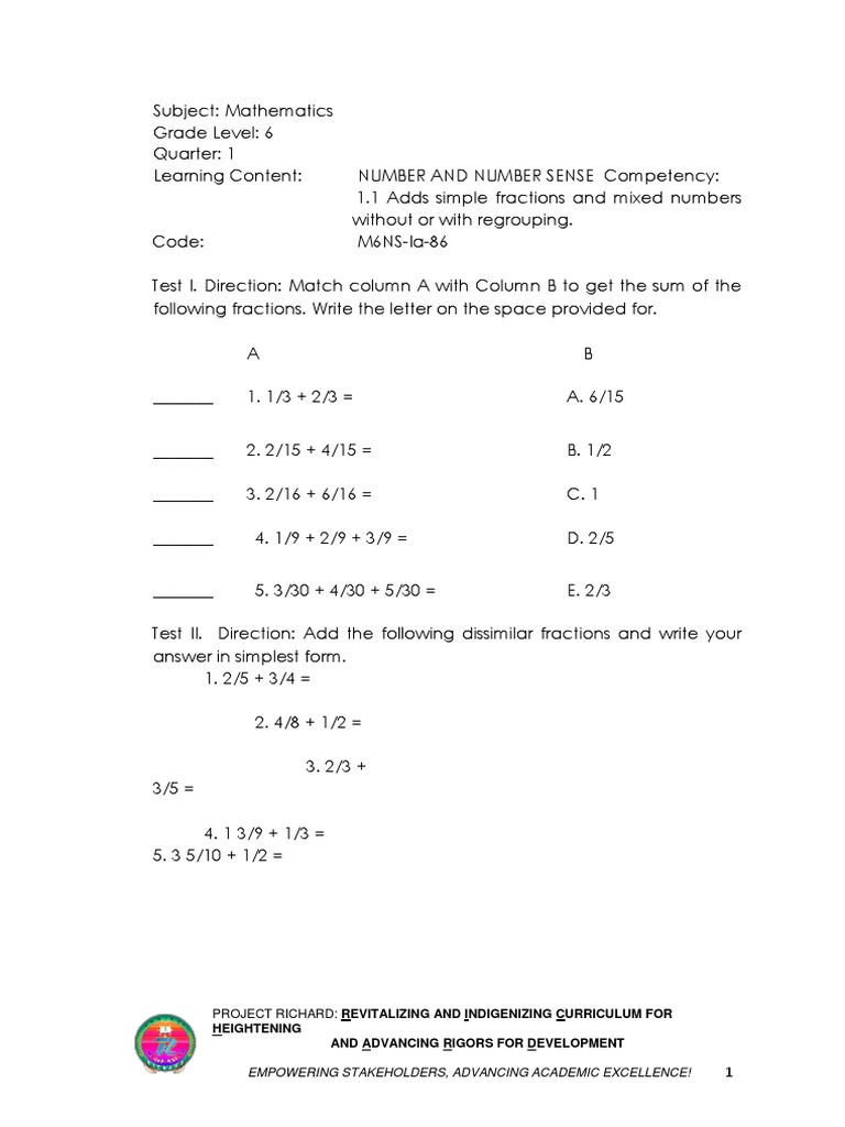 1st Quarter Grade 6 Math Item Bank | PDF | Curriculum | Teaching ...