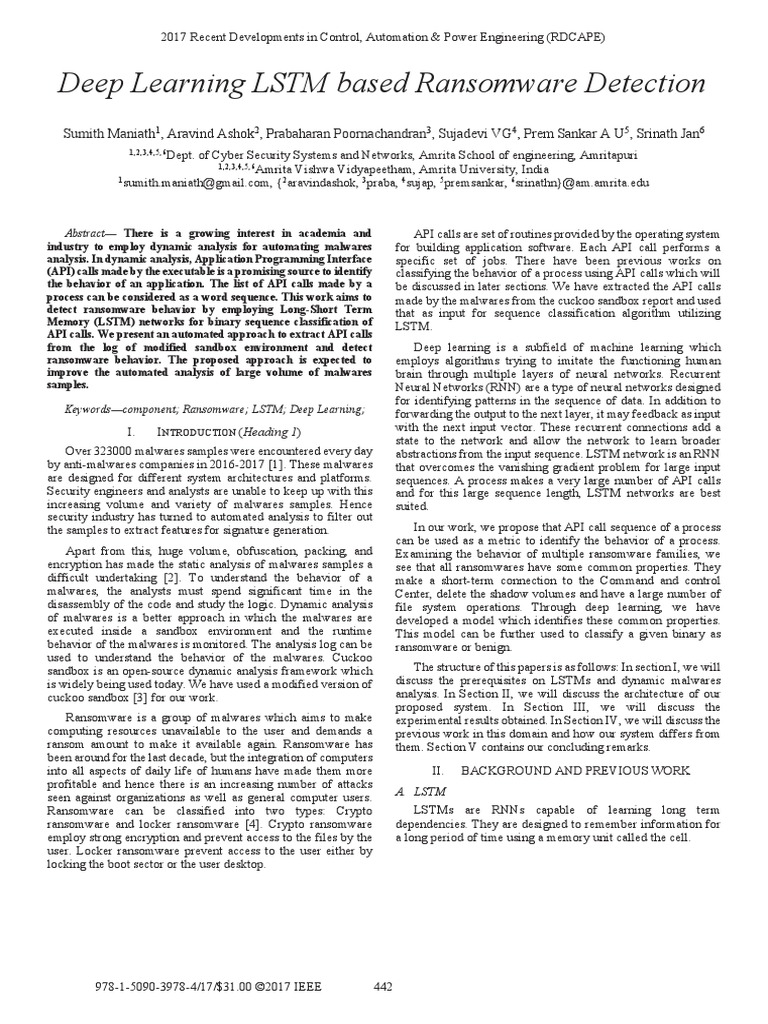 Deep Learning Lstm Based Ransomware Detection 2019 Recent Developments In Control Automation
