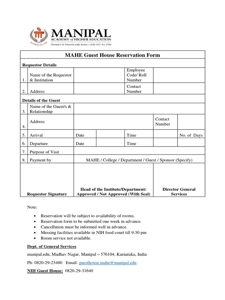 MAHE Guest House Reservation Form | PDF