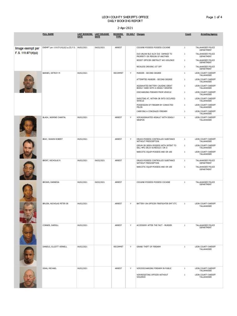Leon County Booking Report: April 3, 2021 | PDF | Theft | Assault