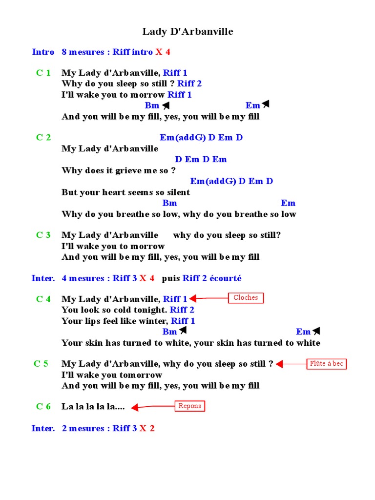 Lady D'Arbanville: Intro 8 Mesures: Riff Intro Riff 1 Riff 2 Riff 1 BM ...