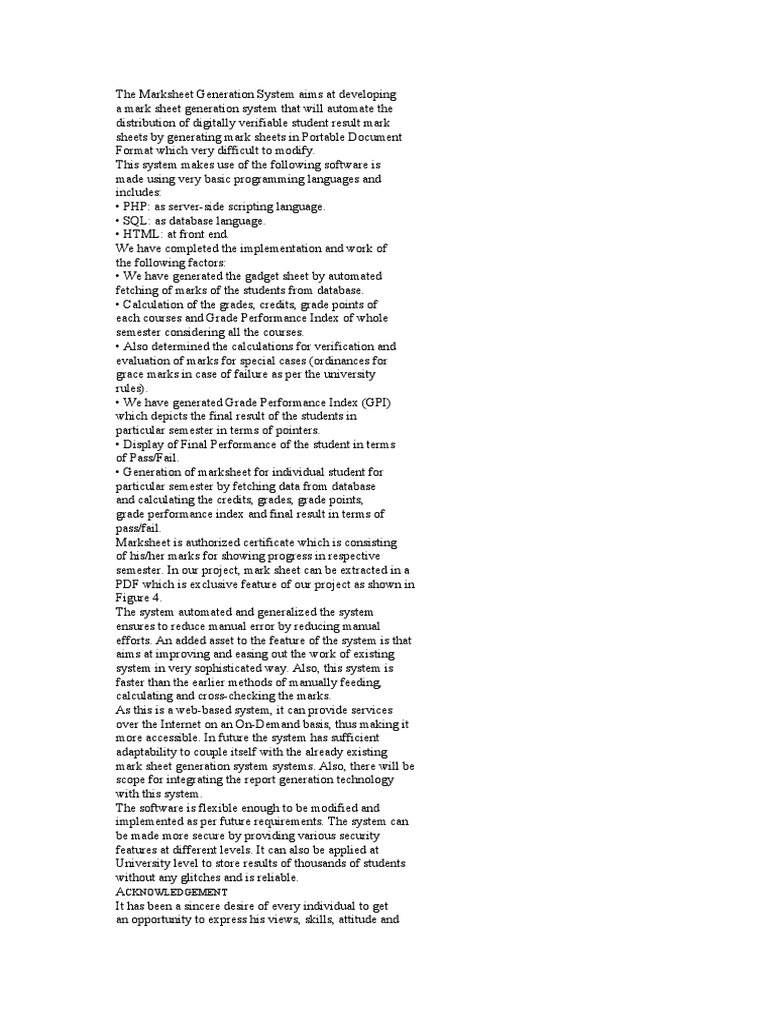 The Marksheet Generation System Aims At Developing Download Free Pdf Databases Computer Data 