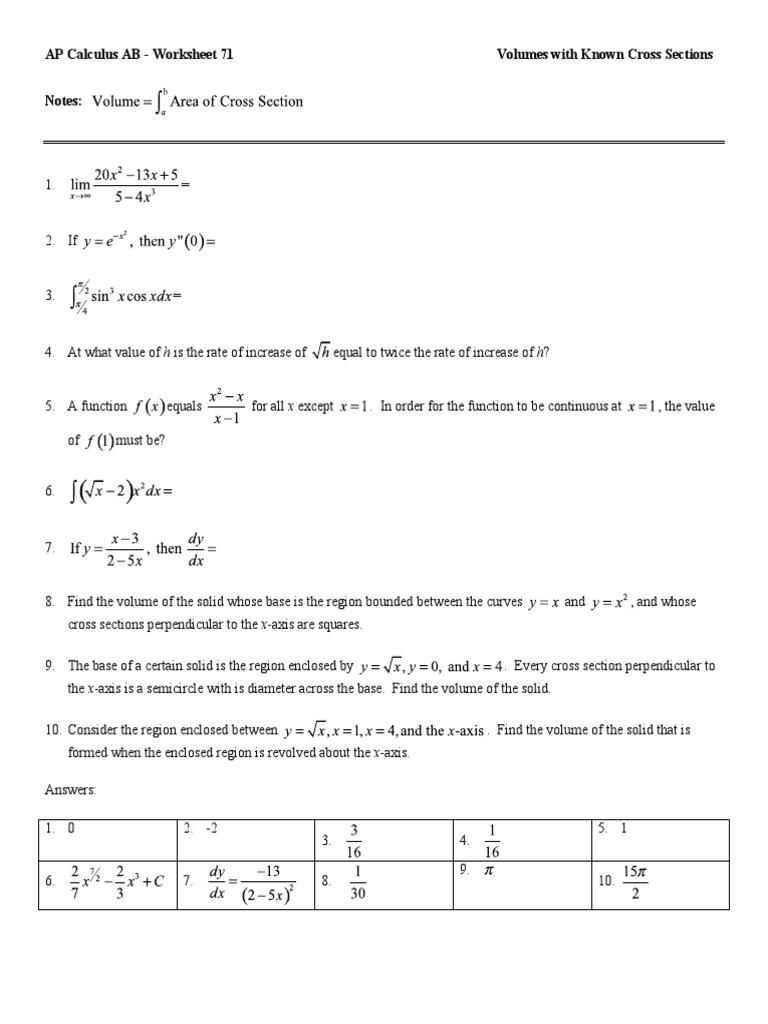 Worksheet 71 - Volumes With Known Cross Sections | PDF | Teaching ...