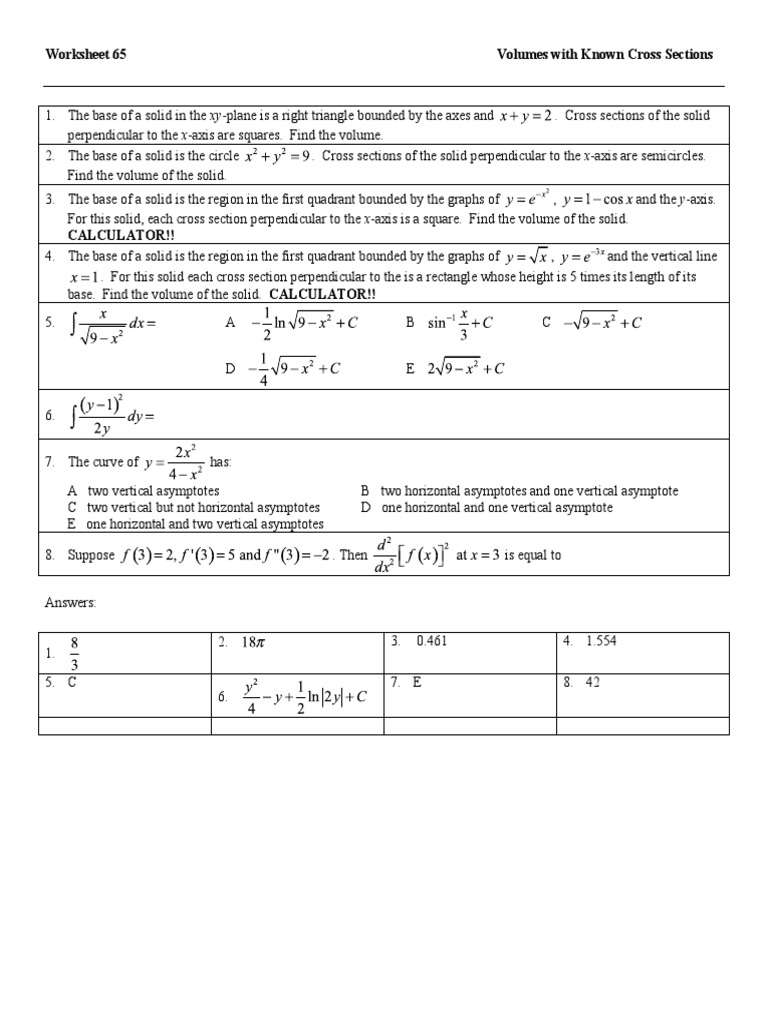 Worksheet 65 Volumes With Known Cross Sections | PDF