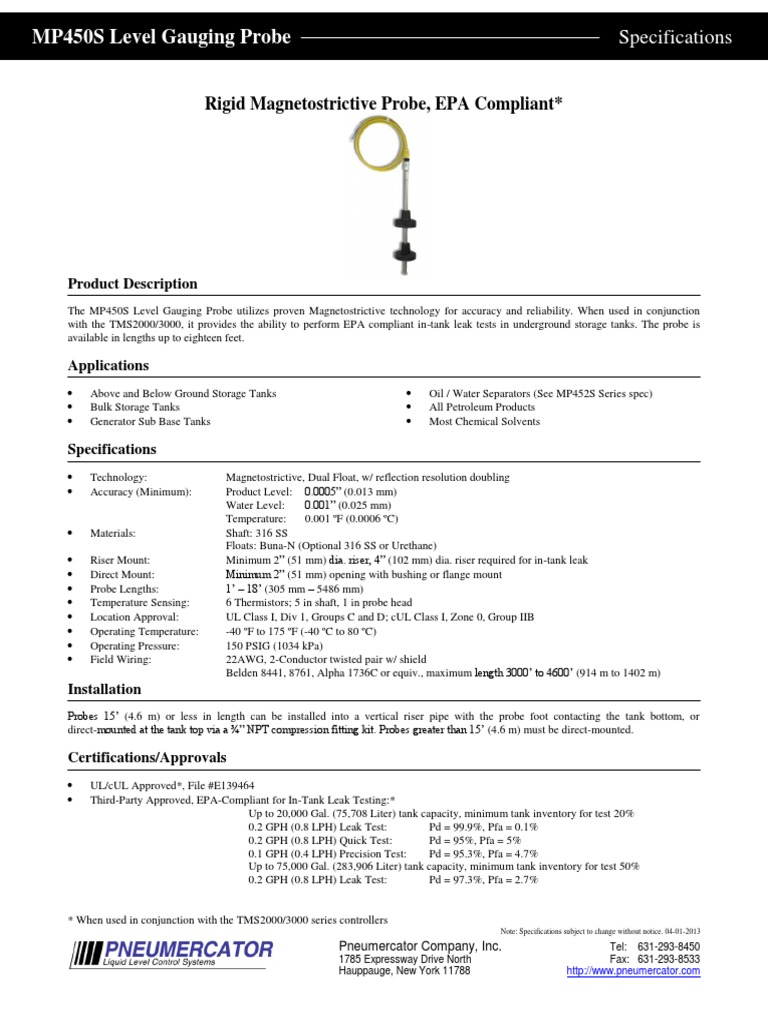 Rigid Magnetostrictive Probe, EPA Compliant : MP450S Level Gauging ...