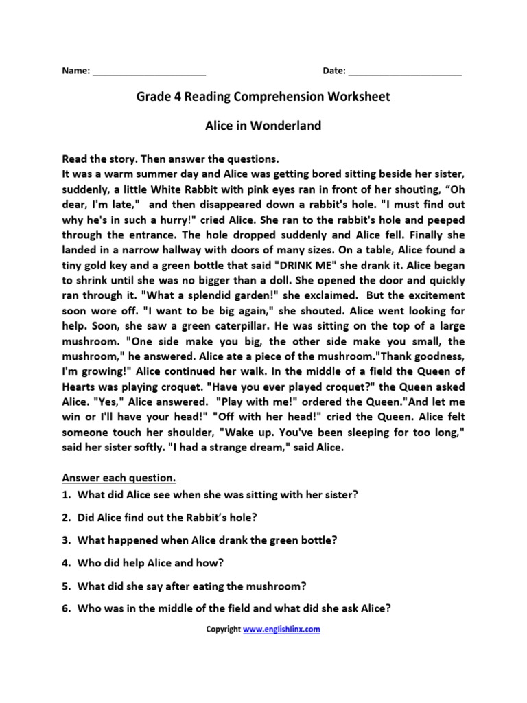 Grade 4 Reading Comprehension Worksheet Alice in Wonderland | Download ...