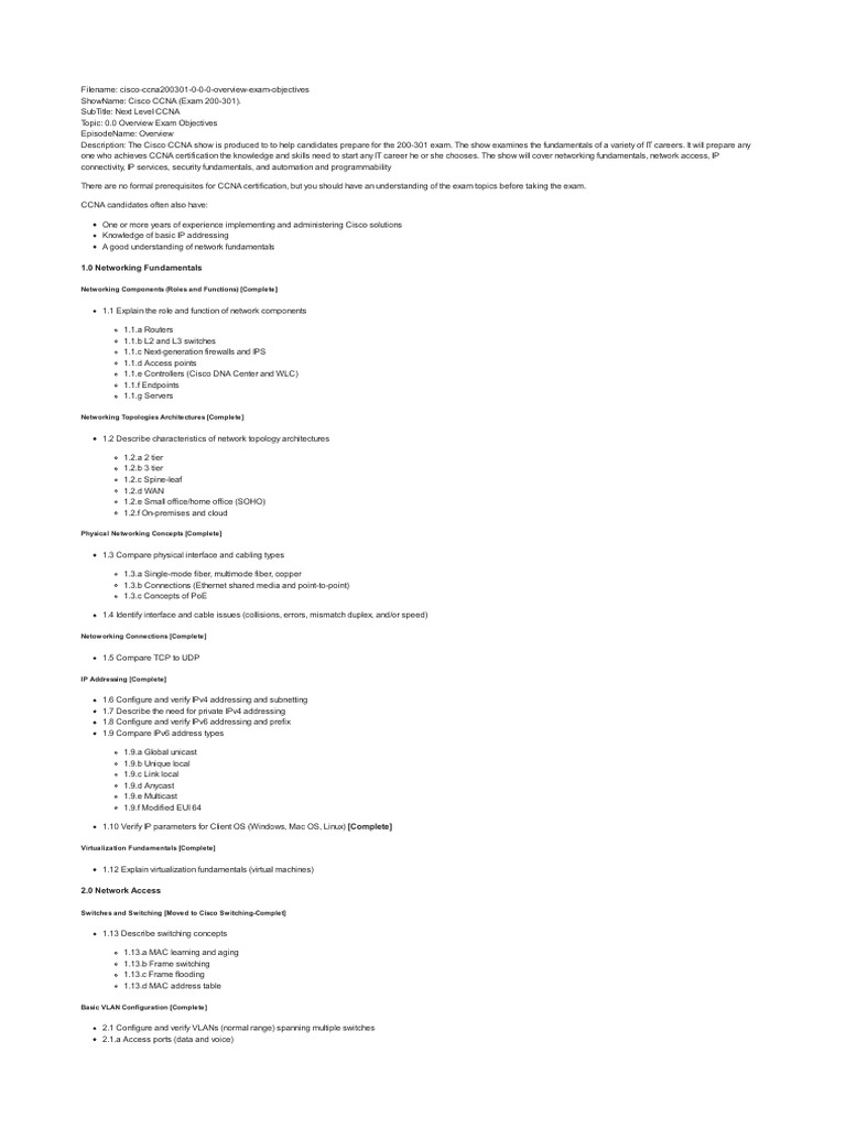 CCNA 200-301 Exam Objectives Overview | PDF | Cisco Certifications | Ip ...