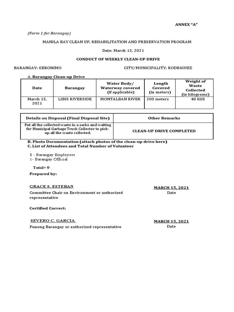 MAR 13 2021 TEMPLATE - Weekly Clean Up - Barangay | PDF