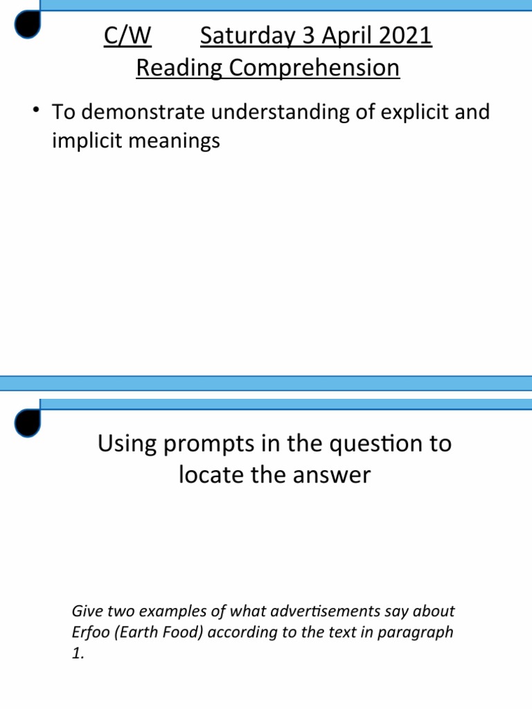 C/W Saturday 3 April 2021 Reading Comprehension: - To Demonstrate ...