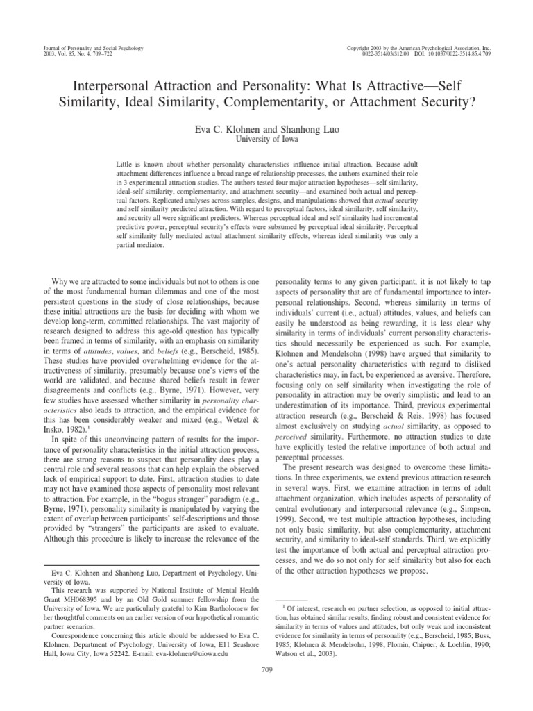 Interpersonal Attraction and Personality: What Is Attractive-Self Similarity, Ideal Similarity ...