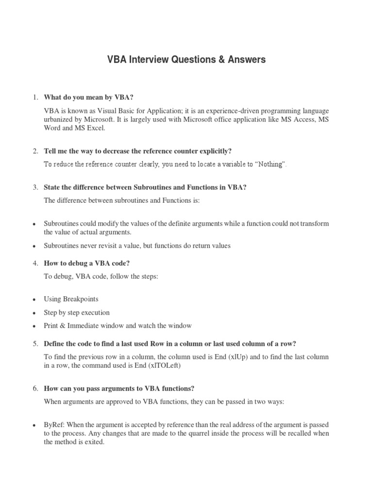 Vba Interview Questions Pdf Subroutine Visual Basic For Applications 