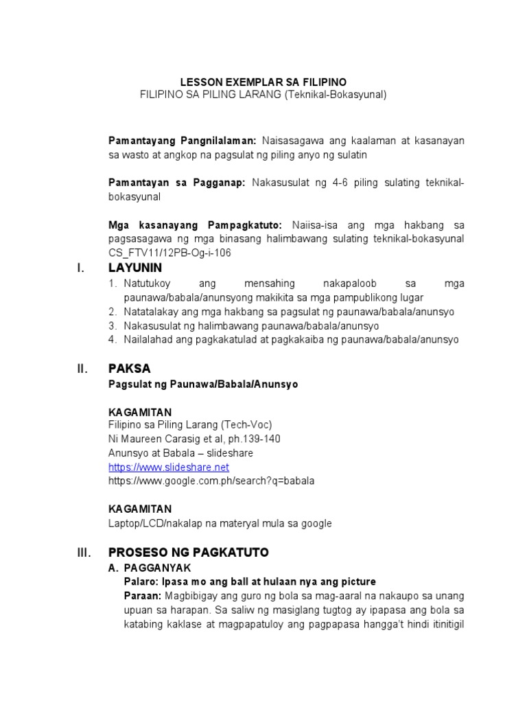 Lesson Exemplar Filipino Sa Piling LarangTech Voc | PDF
