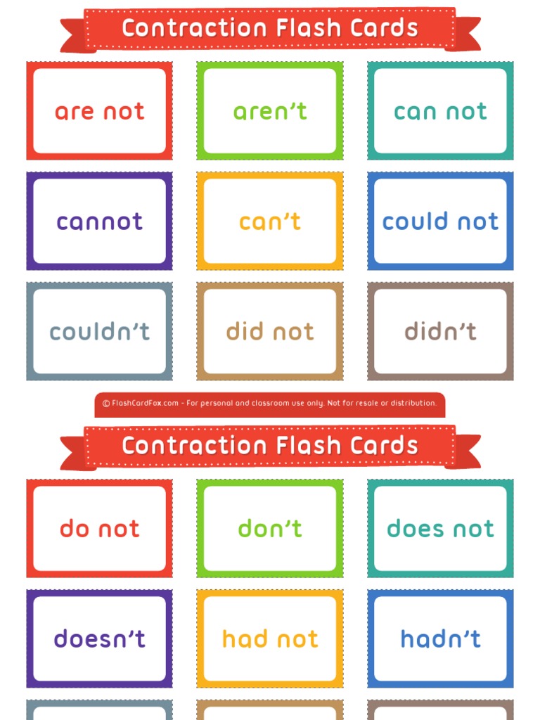 Contraction Flash Cards 2x3 | PDF