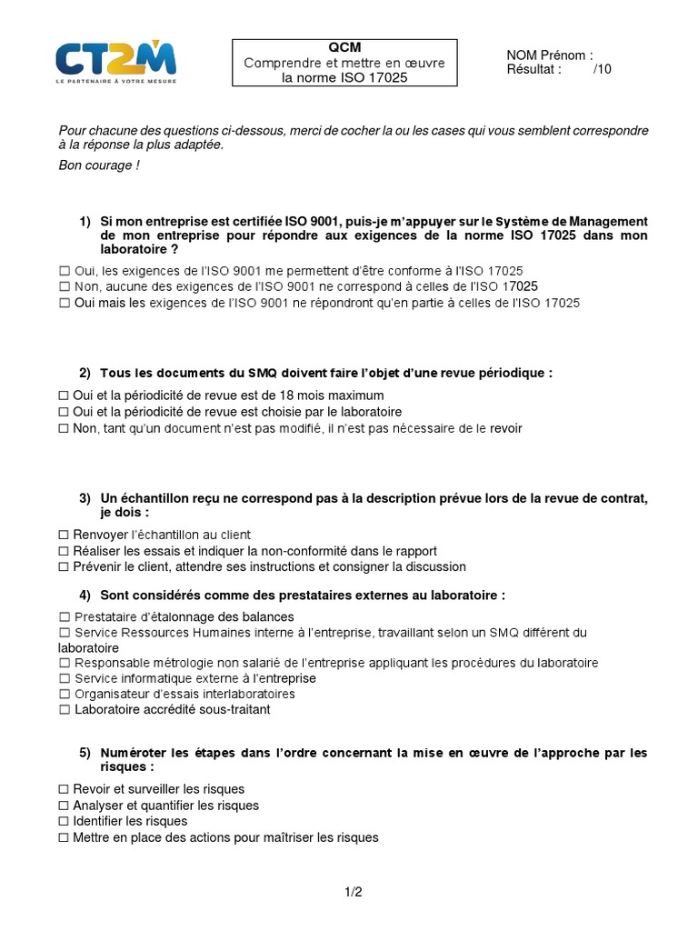 QCM ISO 17025 pour Laboratoires | PDF | Système de management de la ...