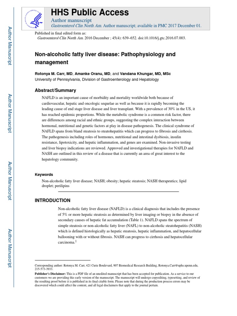 HHS Public Access: Non-Alcoholic Fatty Liver Disease: Pathophysiology ...