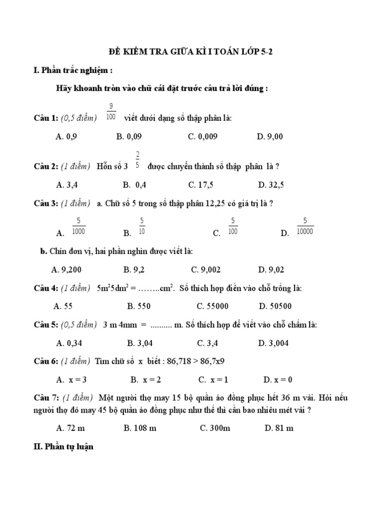 De Kiem Tra Toan 5 Giua Ki 1 | PDF