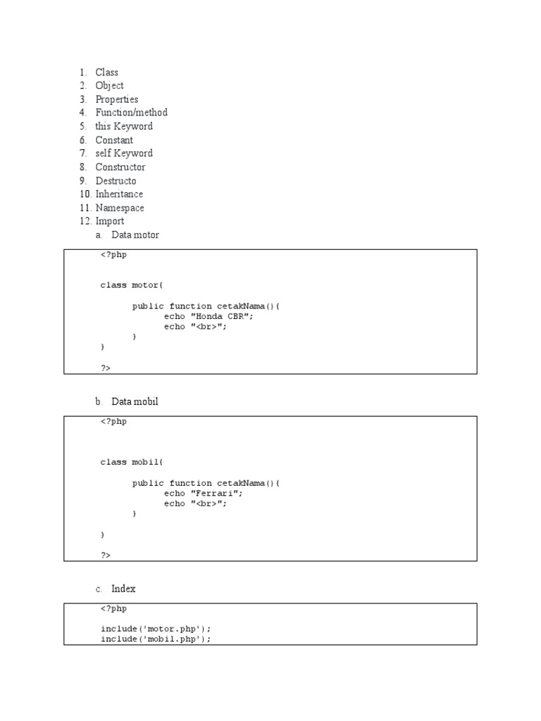 Class Object Properties Function/method This Keyword Constant Self Keyword Constructor Destructo ...