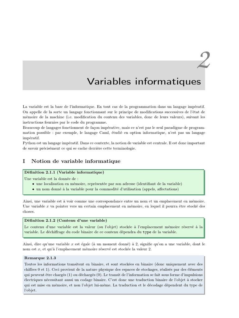Variables Informatiques | PDF | Variable (informatique) | Type de données