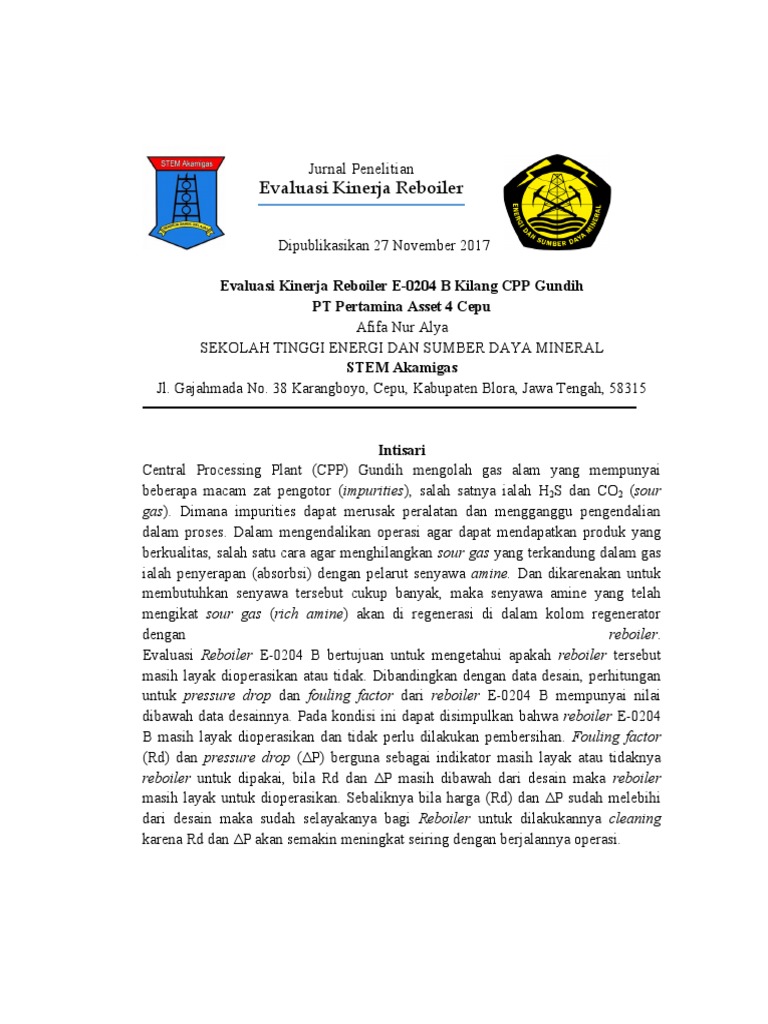 Evaluasi Kinerja Reboiler E-0204 B Kilang CPP Gundih PT Pertamina Asset 4 Cepu | PDF