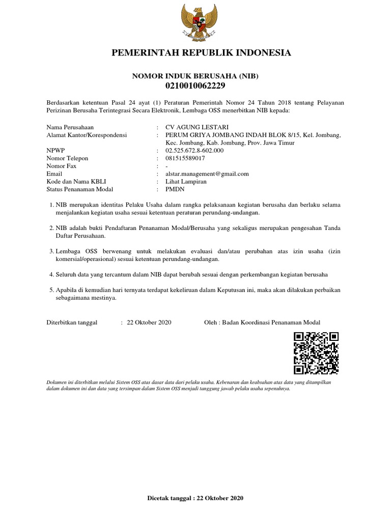 Nib - 0210010062229 - CV Agung Lestari | PDF