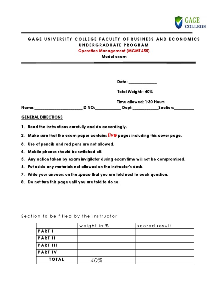 Operation Management Model Exam Pdf Labour Economics Operations