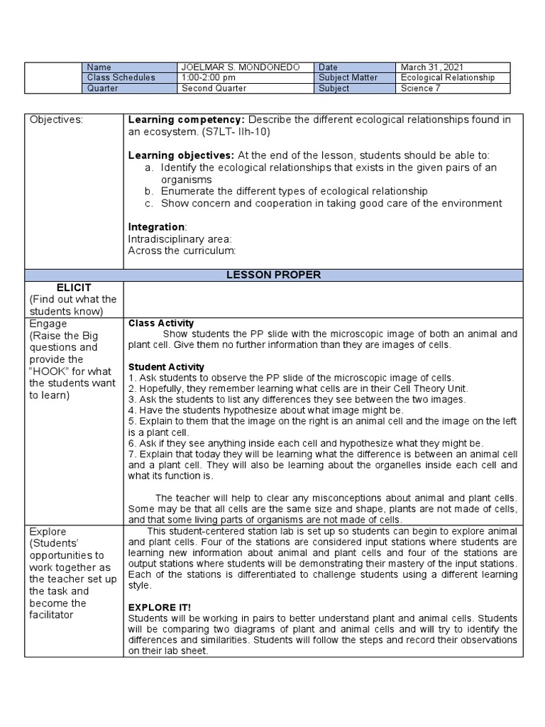 Lesson Plan Parts of The Cell | PDF | Eukaryotes | Organelle