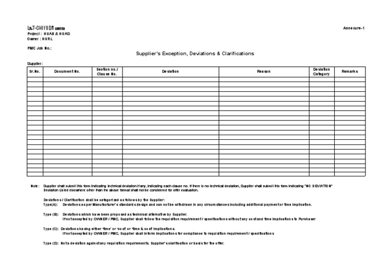 Supplier Deviation and Clarification Form | PDF | Technology & Engineering