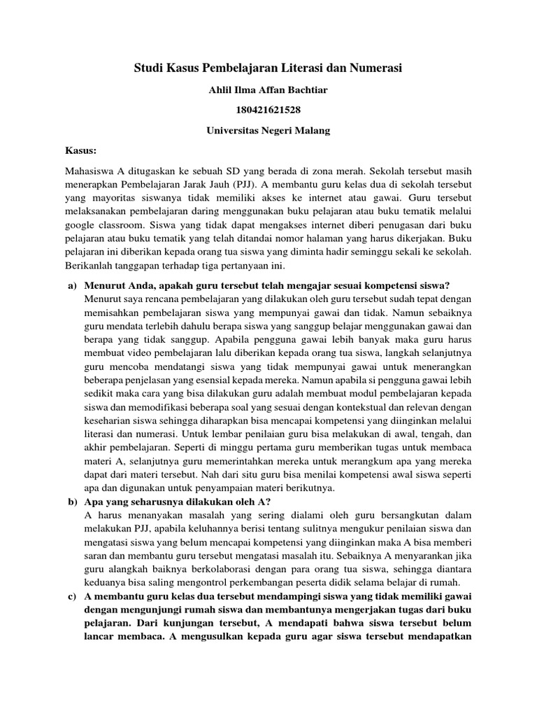 Studi Kasus Pembelajaran Literasi Dan Numerasi - Ahlil Ilma Affan Bachtiar | PDF | Karier ...