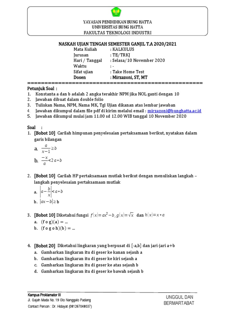 Soal Uts Kalkulus 20201 | PDF