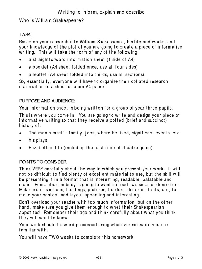 Writing To Inform, Explain and Describe: Who Is William Shakespeare ...