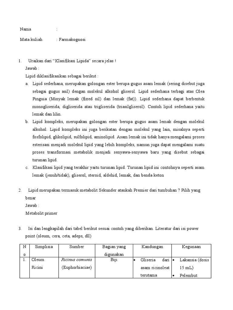 Klasifikasi dan Contoh Lipid dalam Farmakognosi | PDF
