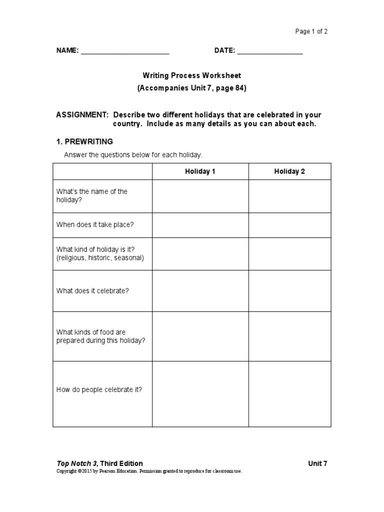 Writing Process Worksheet (accompanies Unit 7, Page 84) : Name: - Date 