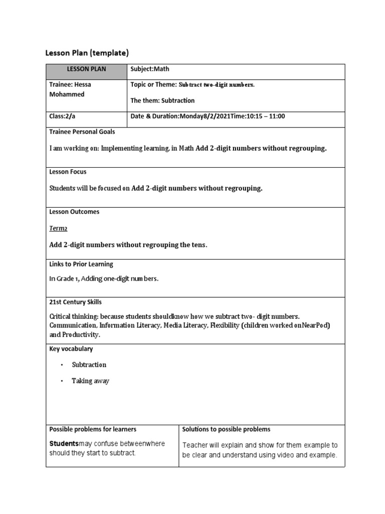 Lesson Plan Subtract Two-Digit Number | PDF | Lesson Plan | Behavior Modification