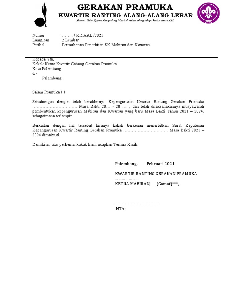 Contoh Usulan Pengurus Mabiran Dan Kwarran 2021 | PDF