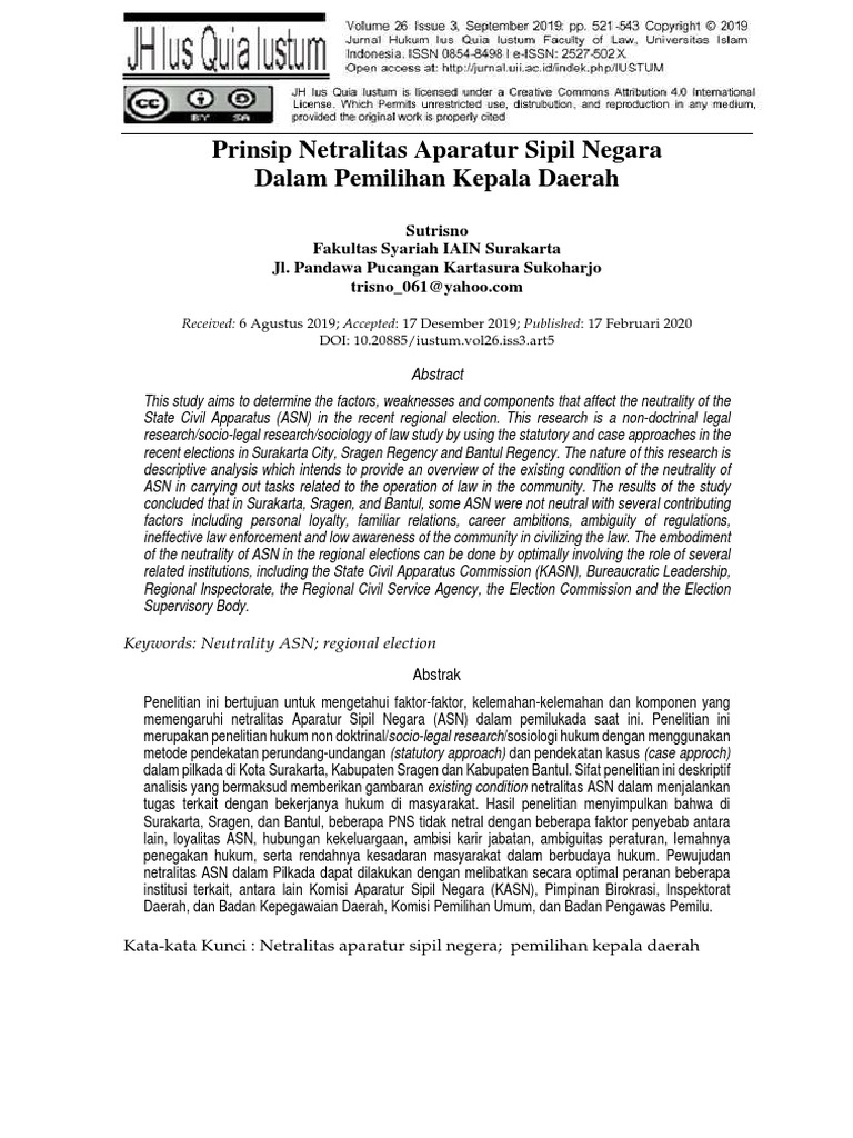 Prinsip Netralitas Aparatur Sipil Negara Dalam Pemilihan Kepala Daerah | PDF | Indonesia ...