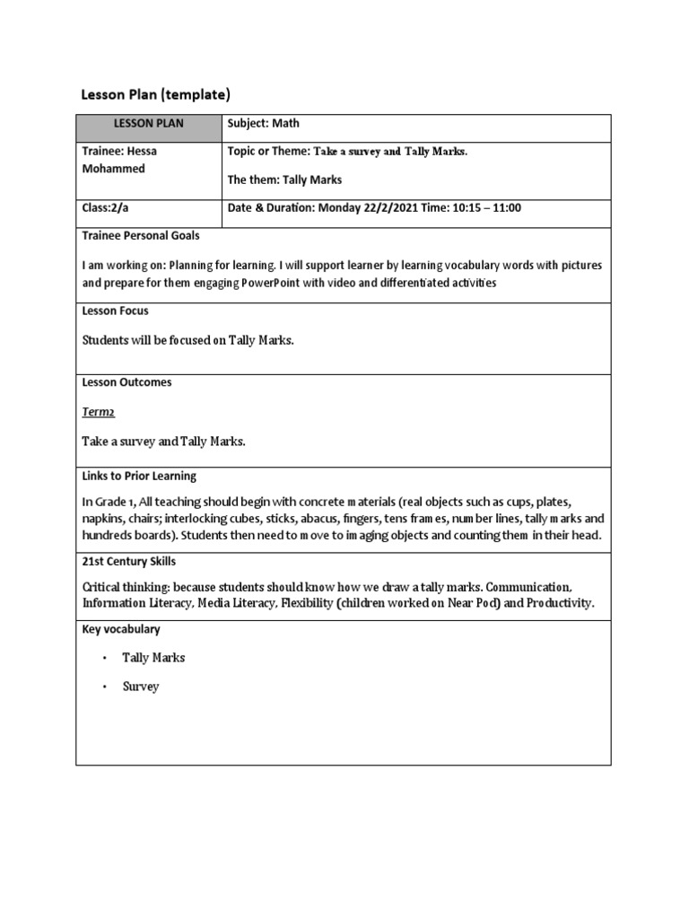 Lesson Plan Tally Marks | PDF | Lesson Plan | Human Nature