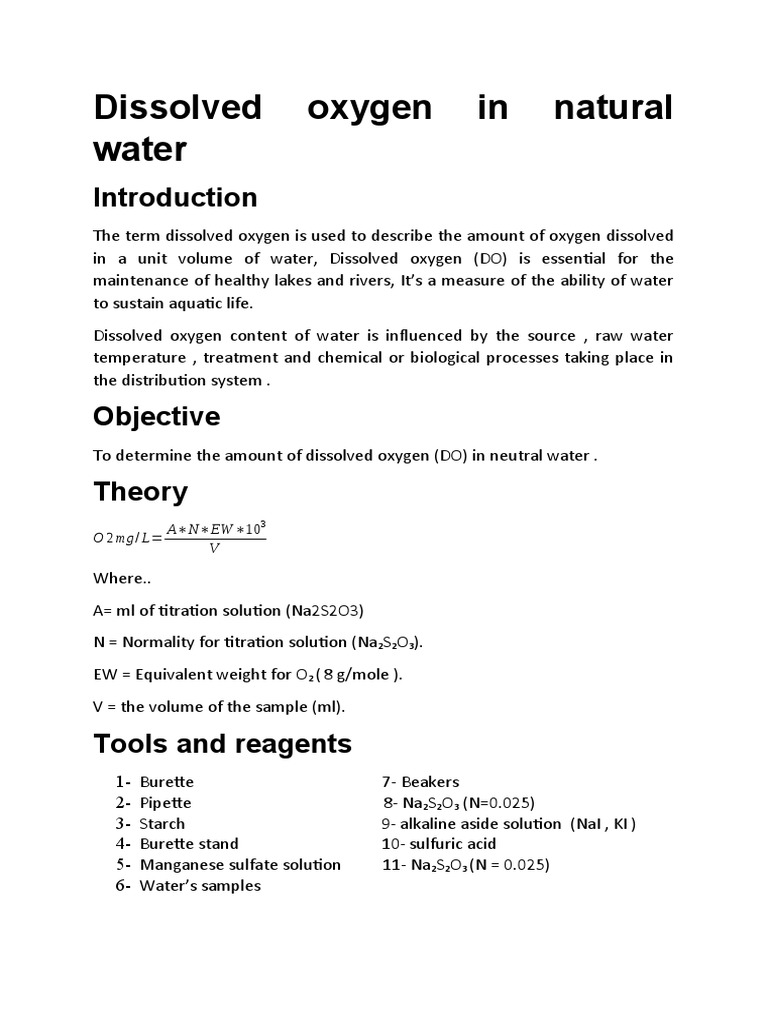 Dissolved Oxygen in Natural Water | PDF | Titration | Chemistry