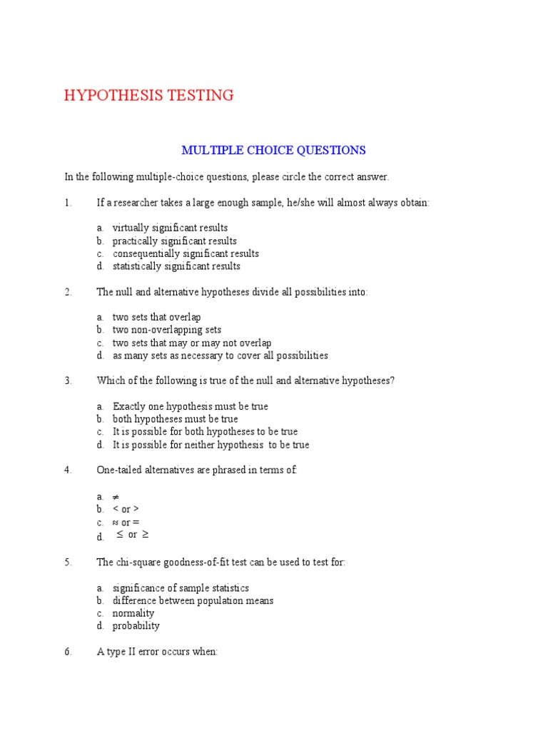 Hypothesis Testing: Multiple Choice Questions | PDF | Statistical ...