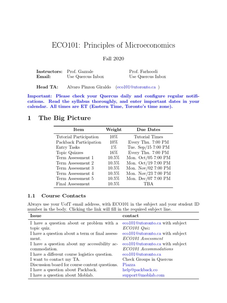 ECO101: Principles of Microeconomics: 1 The Big Picture | PDF | Turnitin | Teaching Assistant