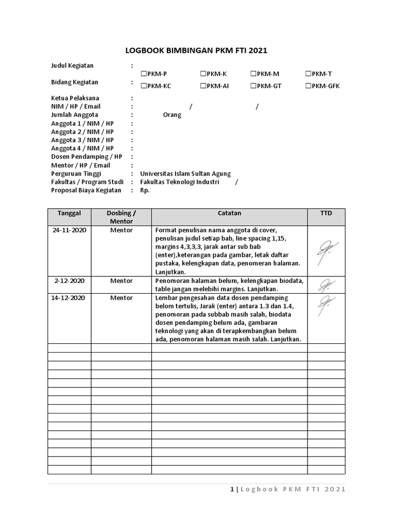 Logbook Bimbingan PKM Fti 2021 (Aris) | PDF