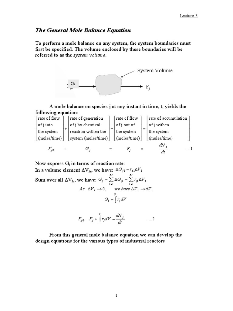 The General Mole Balance Equation: DN F G F DT | Download Free PDF ...