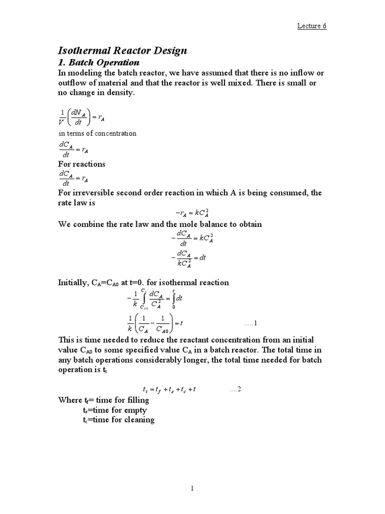 Isothermal Reactor Design: 1. Batch Operation | PDF | Chemical Reaction ...