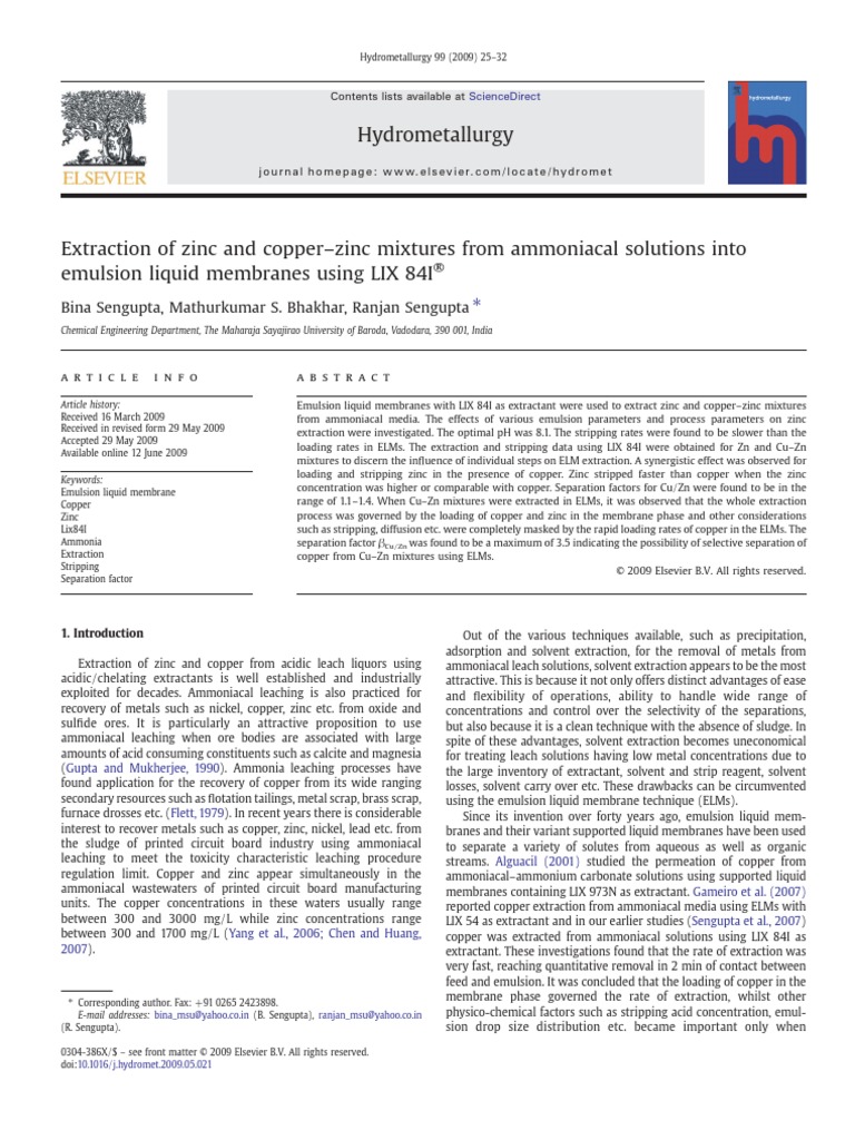 Extraction of Zinc and Copper-Zinc Mixtures From Ammoniacal Solutions ...