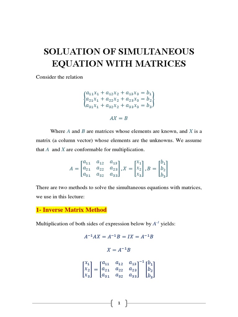 Solving Simultaneous Equations with Matrices and Cramer's Rule | PDF ...